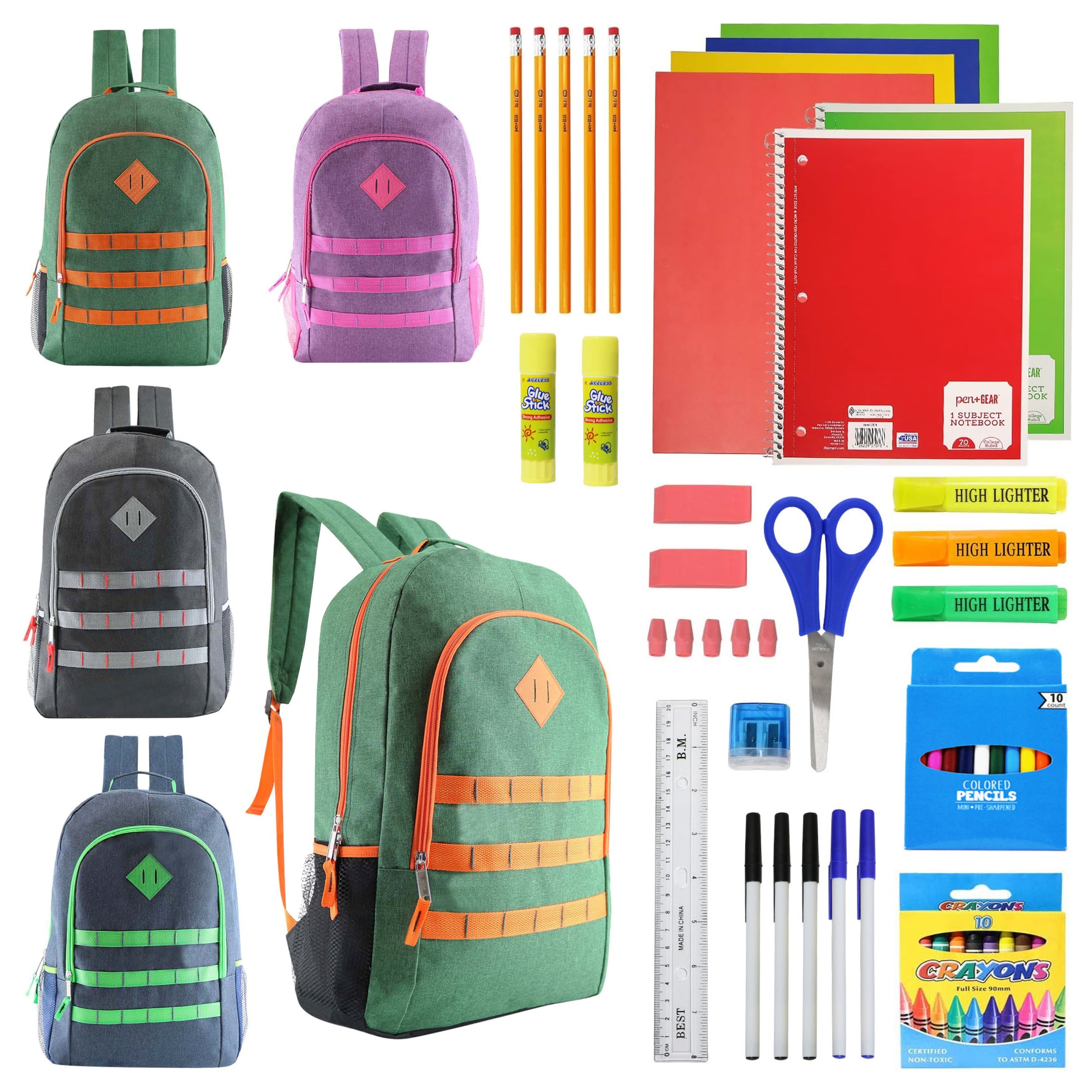 Deluxe 19" Wholesale Backpacks & Bulk School Supply Kits - 12 of Each