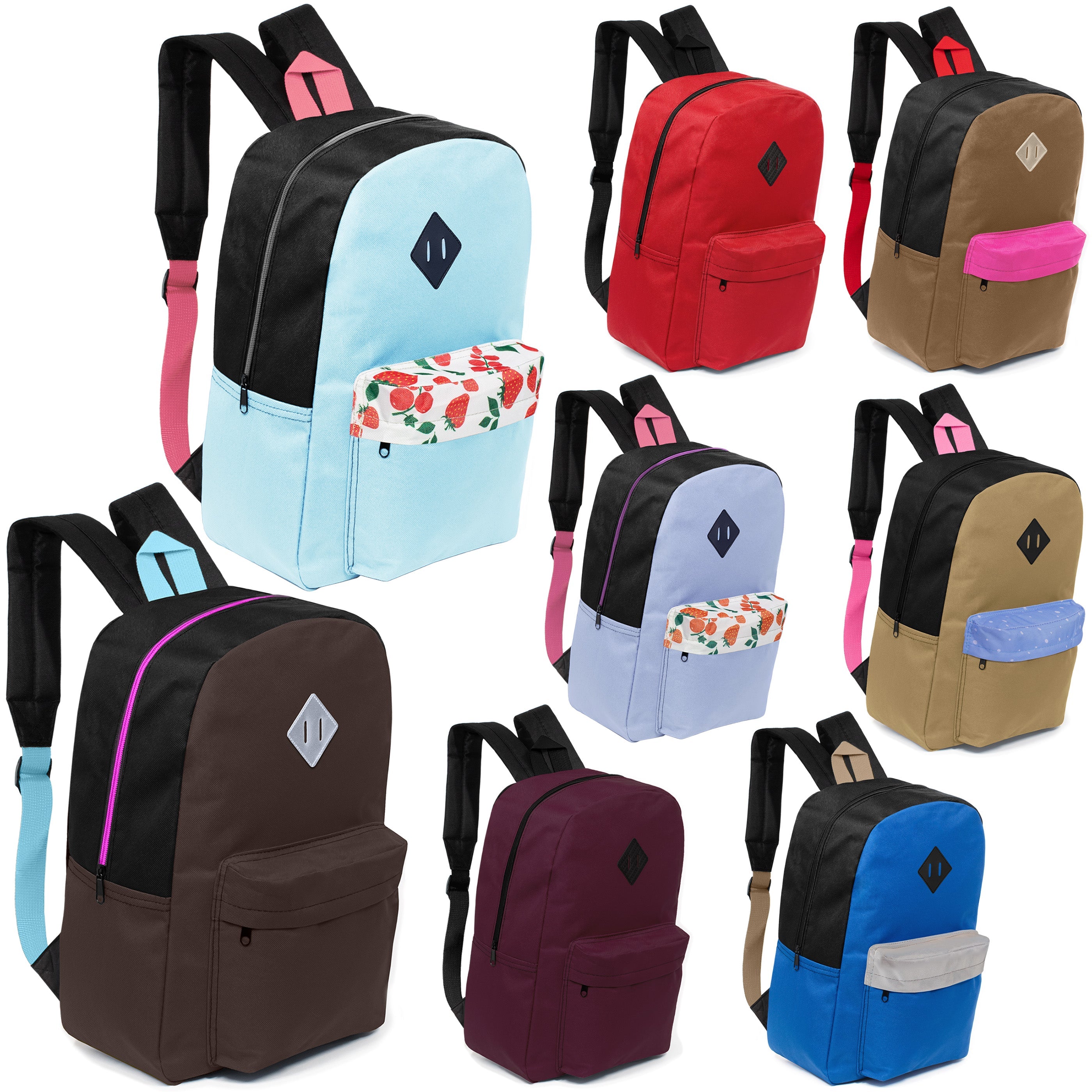 17" Padded Back Basic Wholesale Backpacks with a Diamond Patch