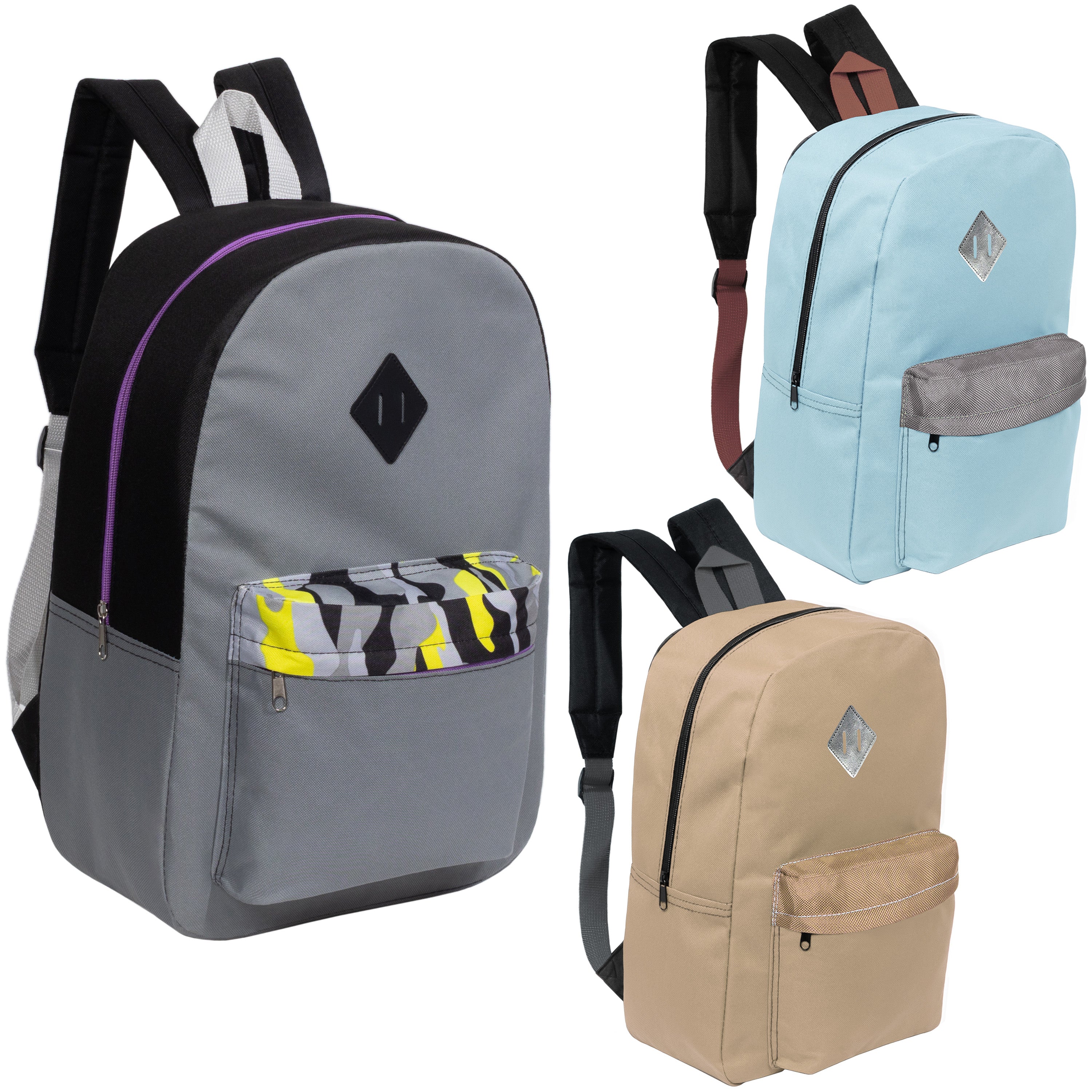 Padded Back Wholesale 17" Backpacks with a Diamond Patch in 3 Colors