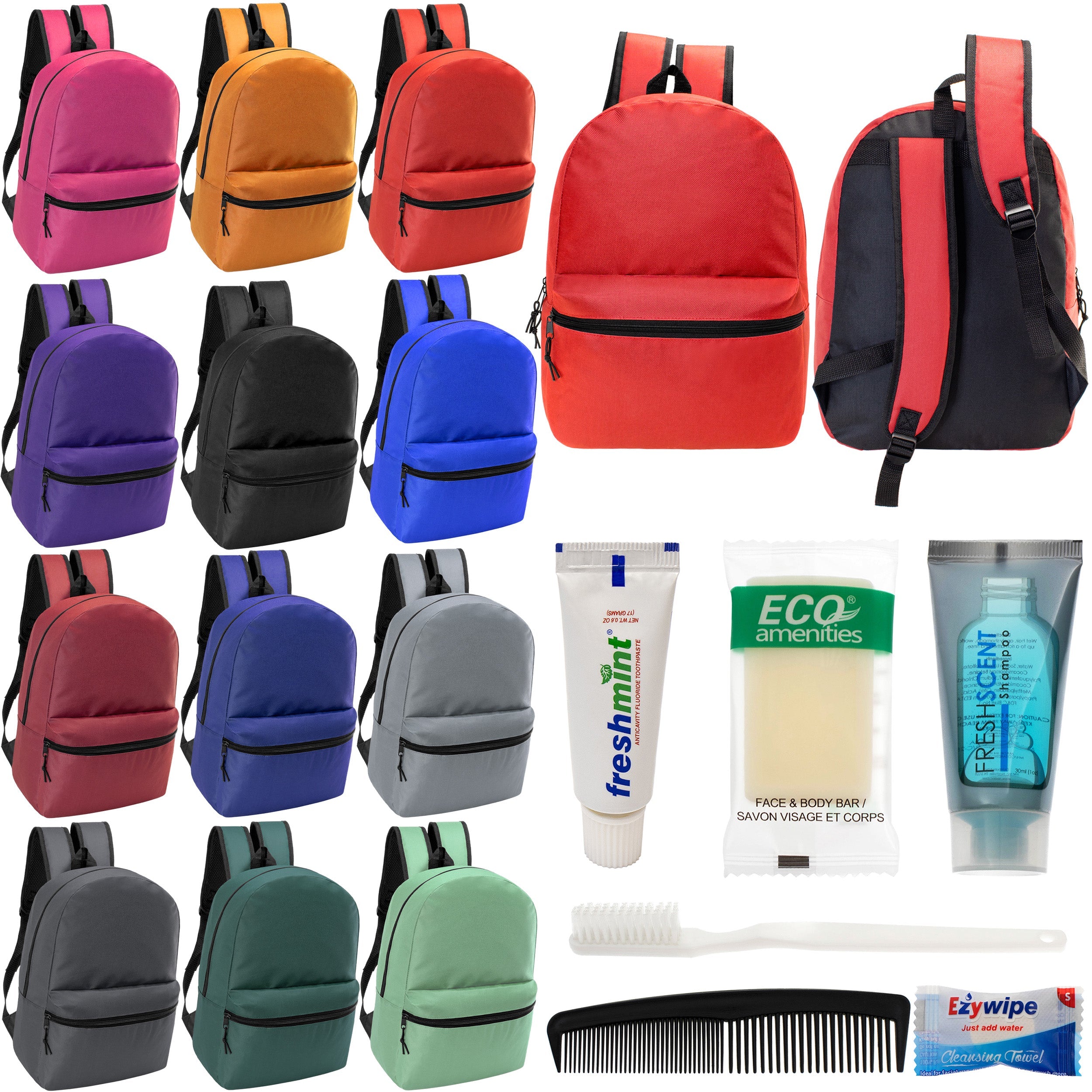 Bulk 17" Backpacks in 12 Colors & Wholesale Hygiene Kits for Homeless